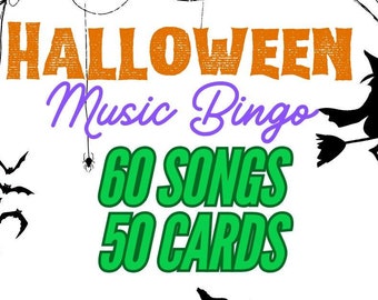 HALLOWEEN MUSIC Bingo Game | Instant Download | 50 Cards, 60 Songs ...