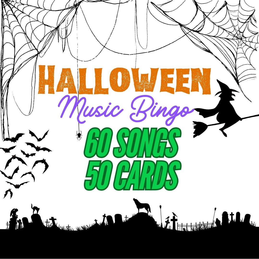 HALLOWEEN MUSIC Bingo Game | Instant Download | 50 Cards, 60 Songs ...