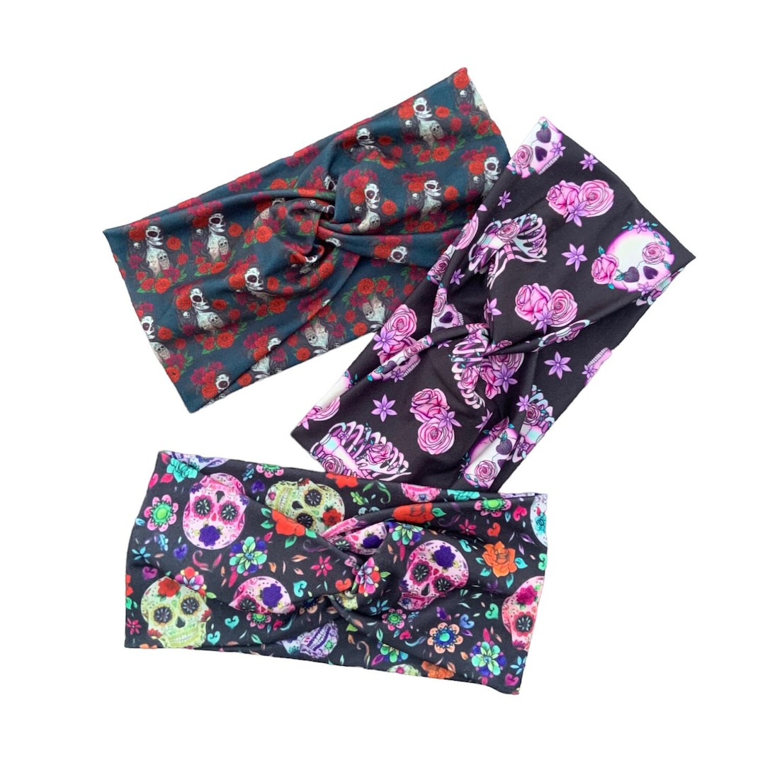 Sugar Skulls Headband, Skeleton Red Roses Wide Twist Assortment, Soft ...