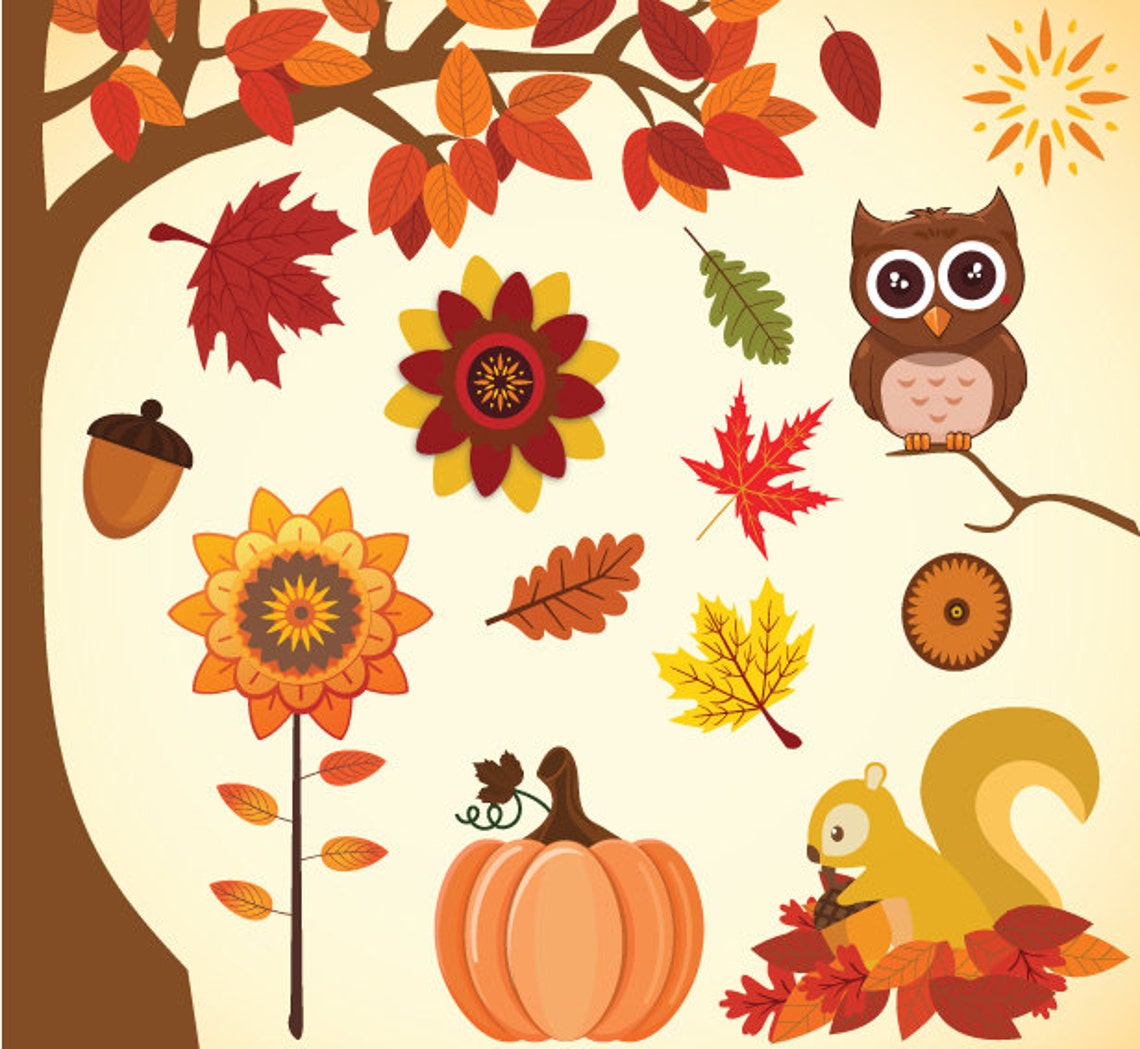 14 Extra Cute Autumn / Fall Themed Clipart Elements Bundle | Etsy