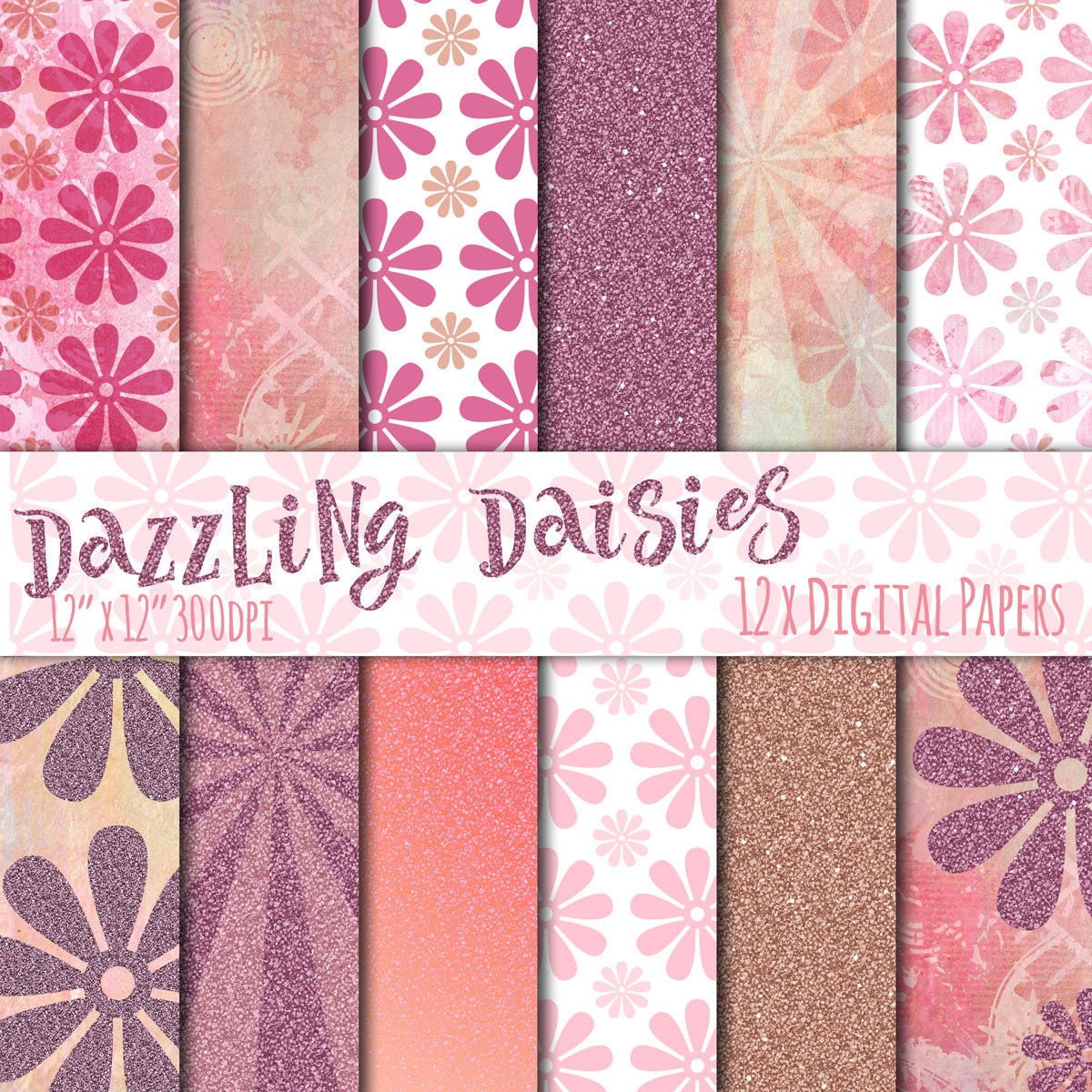 Dazzling Daisies Glitter Effect Digital Paper Scrapbook Paper - Etsy