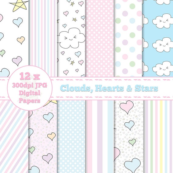 Clouds Hearts & Stars Kawaii Digital Paper Scrapbook Paper | Etsy