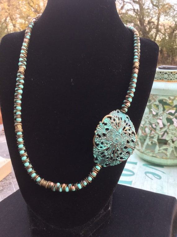 Brass Turquoise Patina Focal Necklace and Multi-wrap Turquoise | Etsy