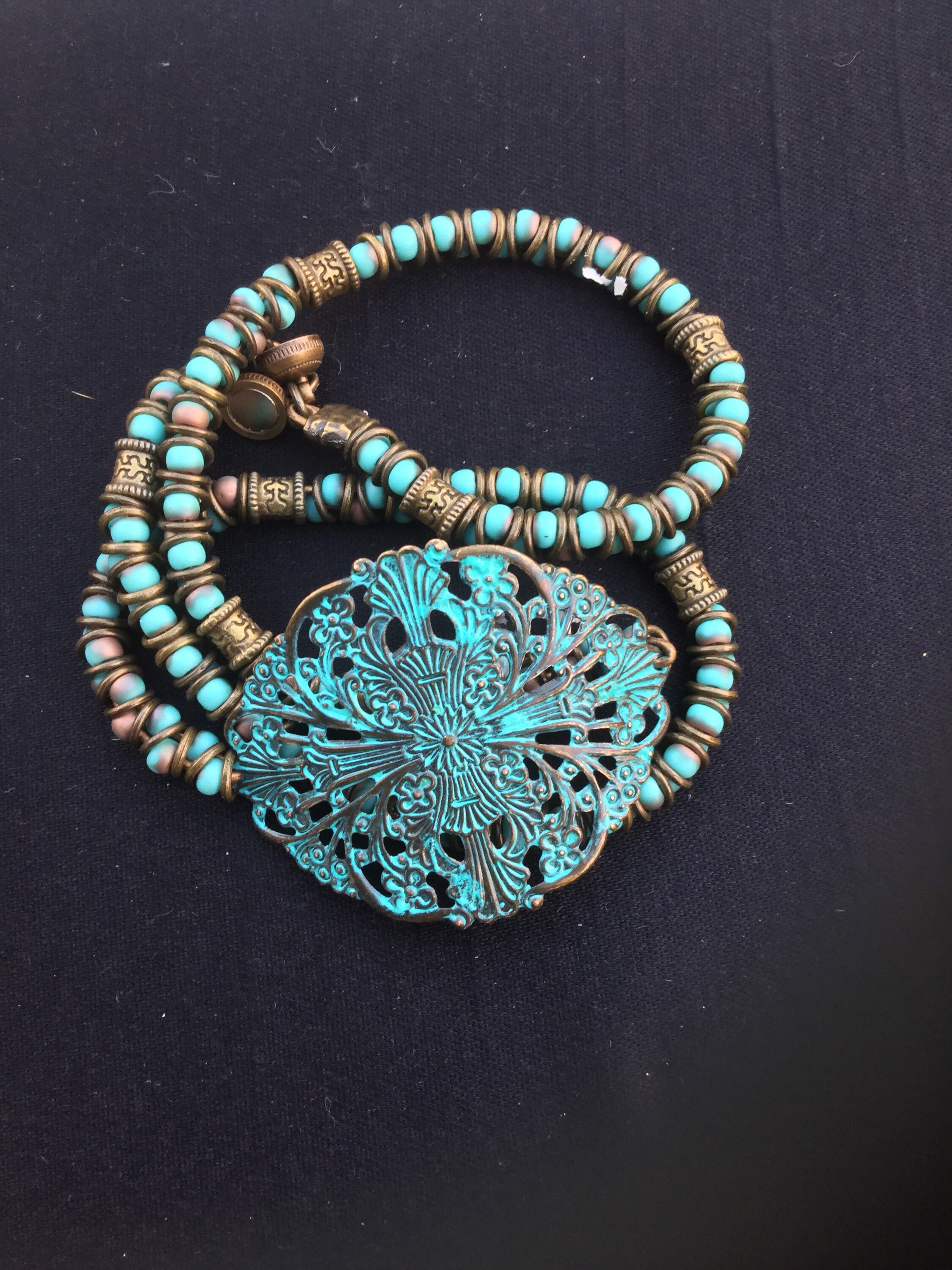 Brass Turquoise Patina Focal Necklace and Multi-wrap Turquoise Glass ...