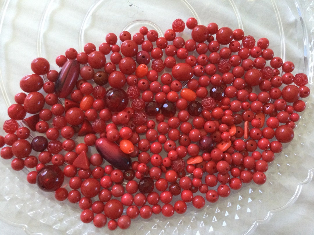 Red Mix Lot of Medium and Small Round and Other Shaped Beads Includes ...