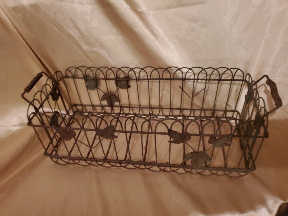 Vintage Weathered Metal Rectangular Scalloped Basket With Ivy - Etsy