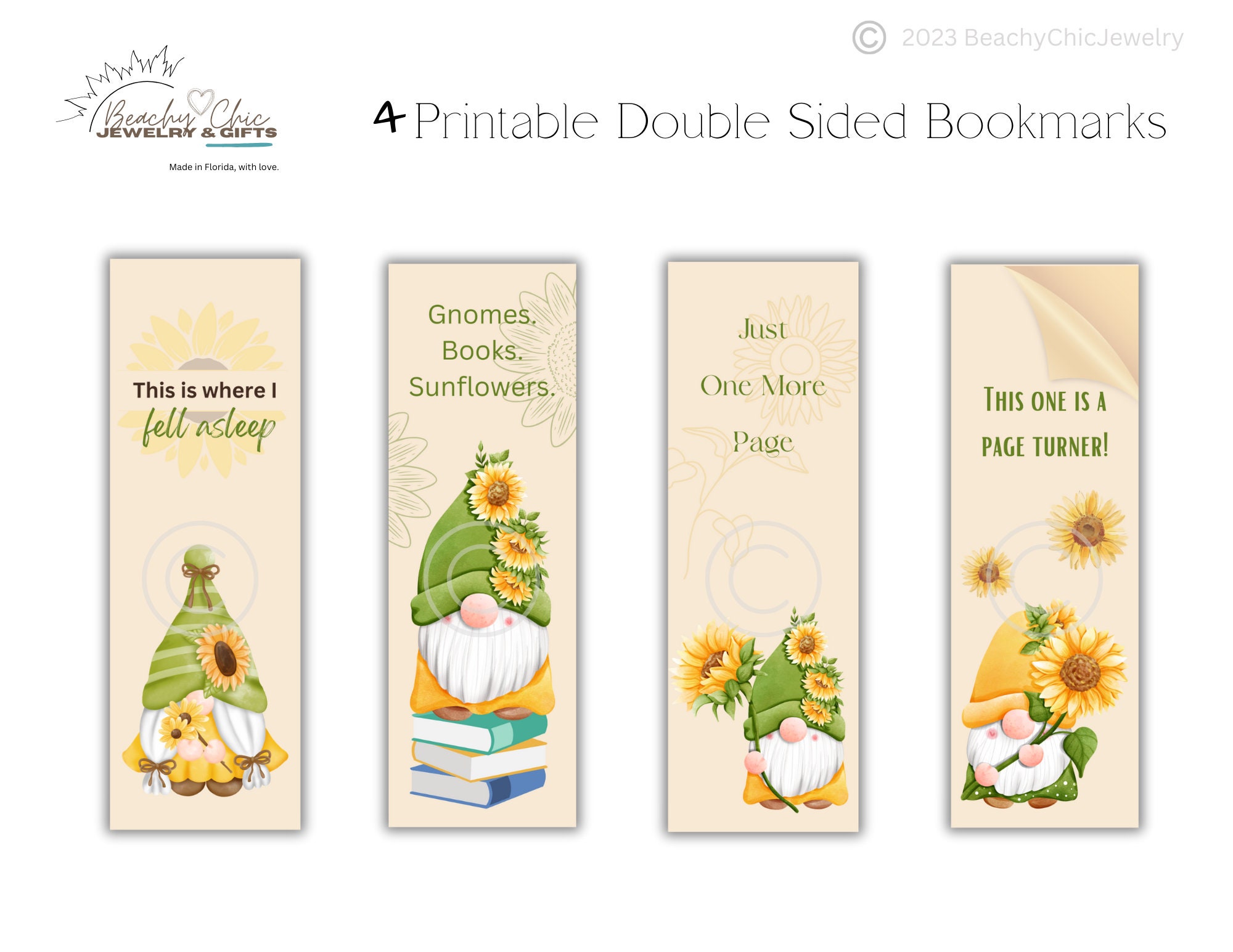 Gnomes and Sunflowers Printable Bookmarks Set of 4 Double - Etsy