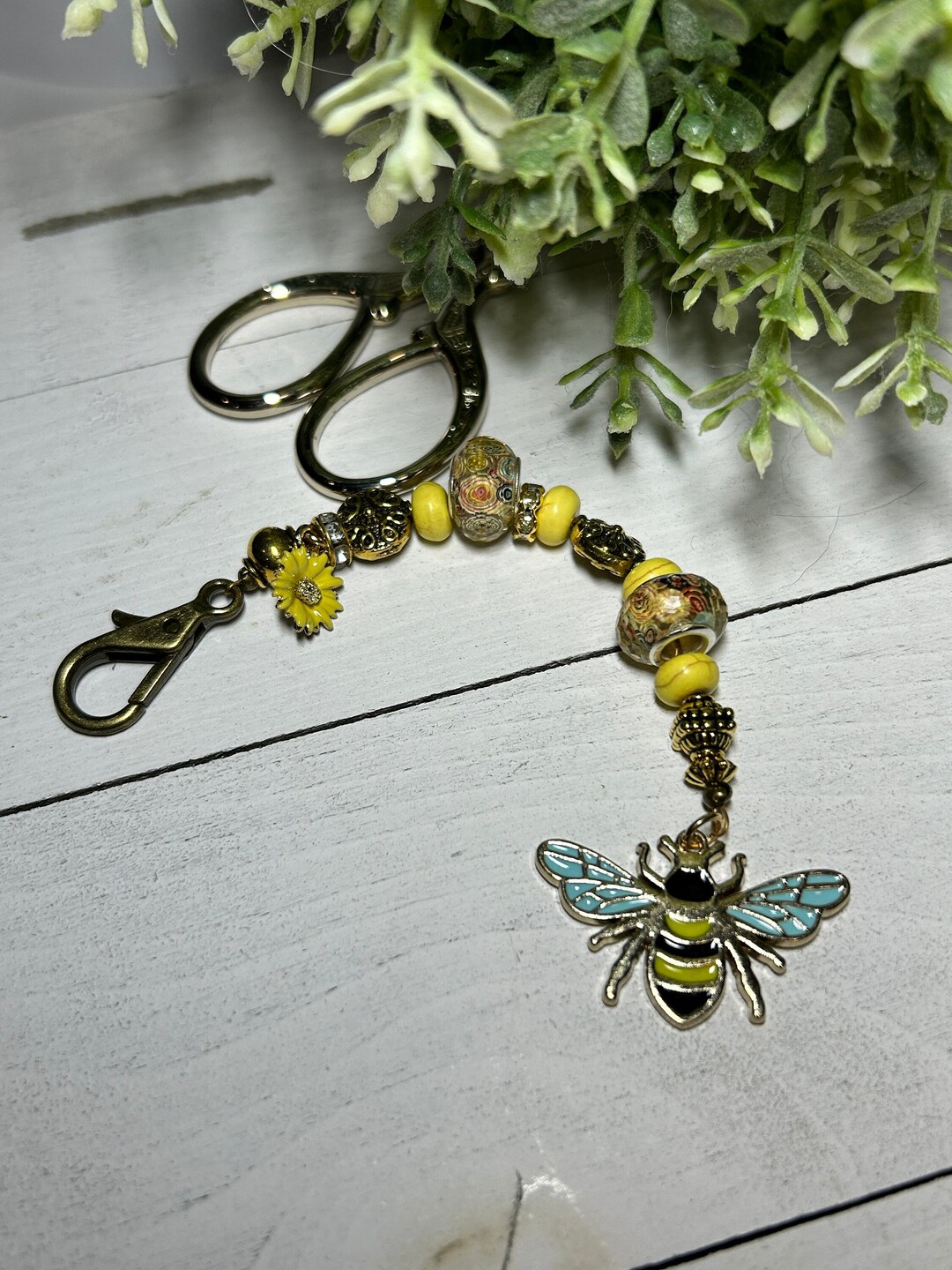 Honey Bee Yellow and Gold Tone Beaded Scissor Fob Planner Charm ...