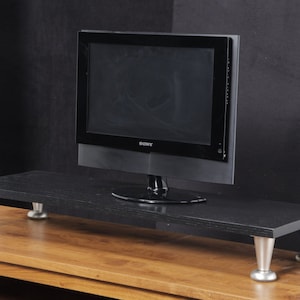 LED LCD TV Riser Stand Space Saver Solid Oak Silver Metal Pillar Legs ...