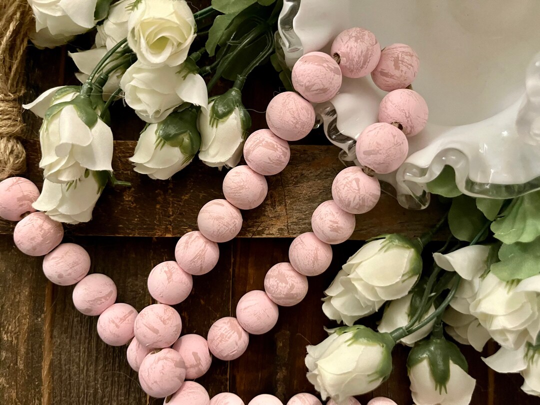 Spring Wood Bead Garland, Pink Wood Bead Garland, Distressed Bead ...