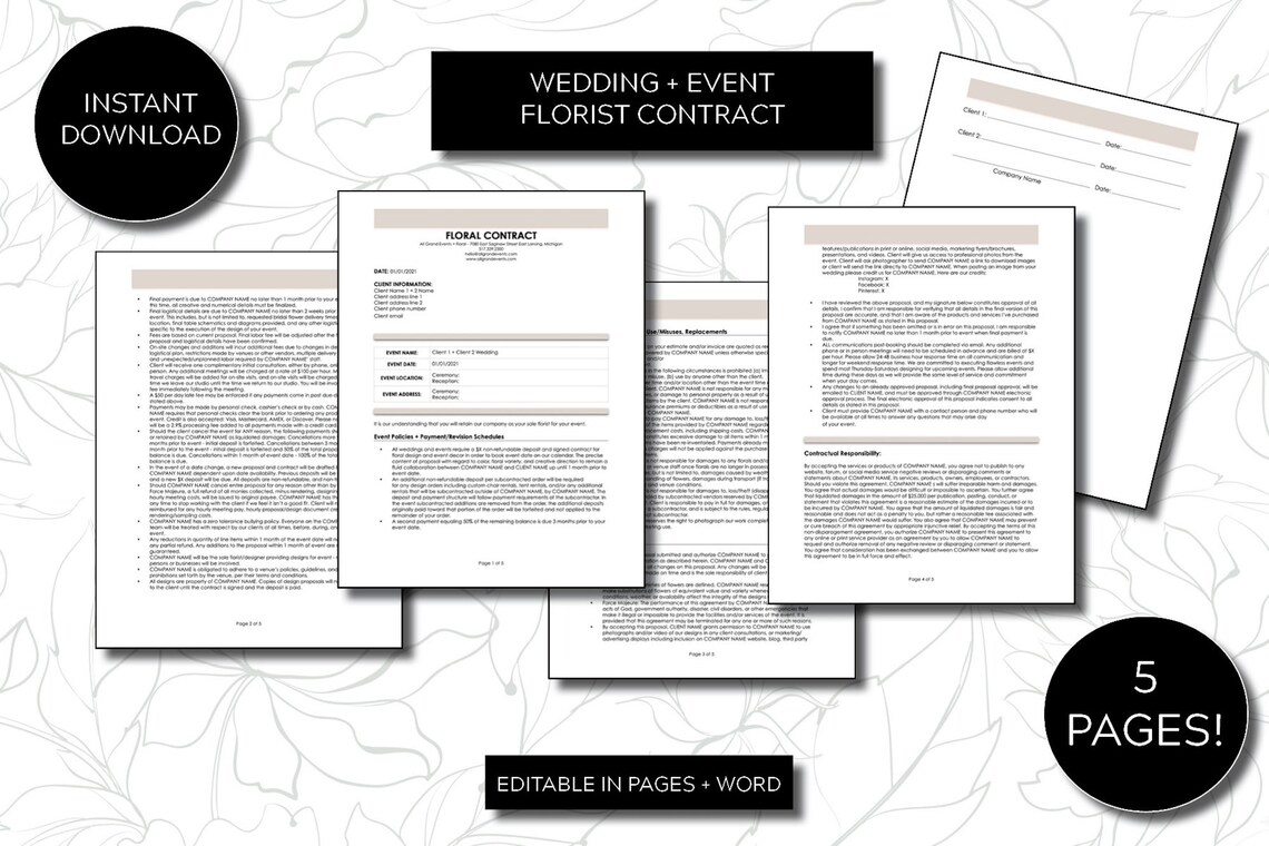 Wedding and Event Florist Contract - Digital Download - Editable With ...