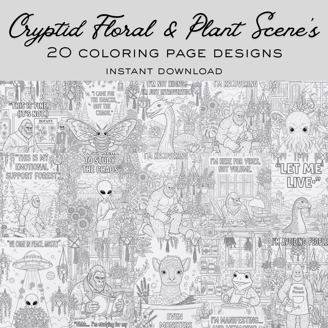 Funny Cryptid Coloring Pages • Floral Plant Scenes (digital Download ...
