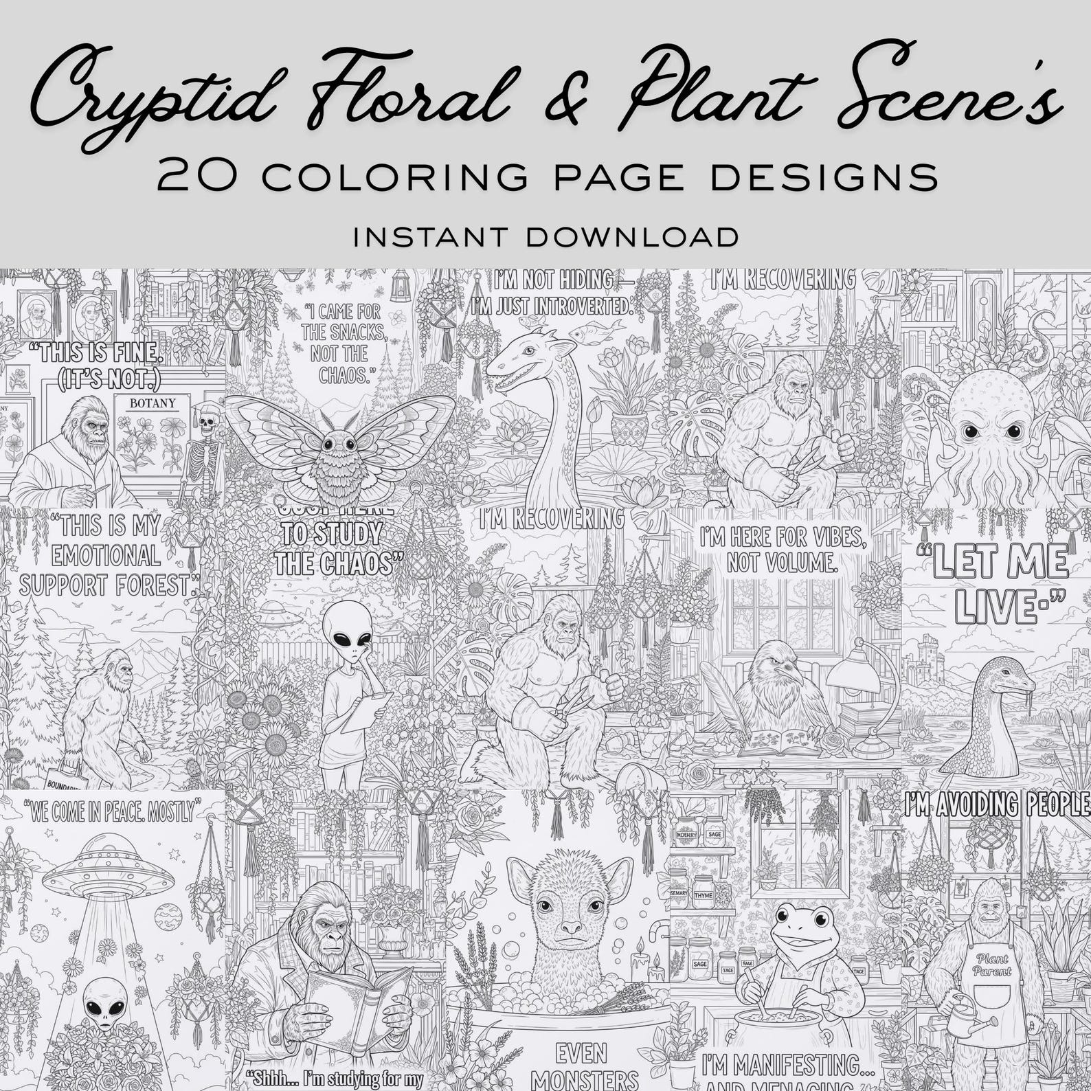 Funny Cryptid Coloring Pages • Floral Plant Scenes (digital Download ...