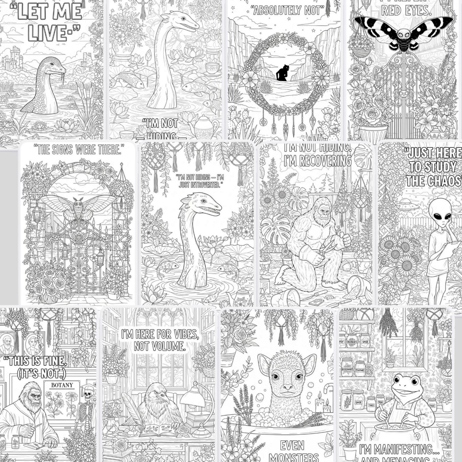 Funny Cryptid Coloring Pages • Floral Plant Scenes (digital Download ...