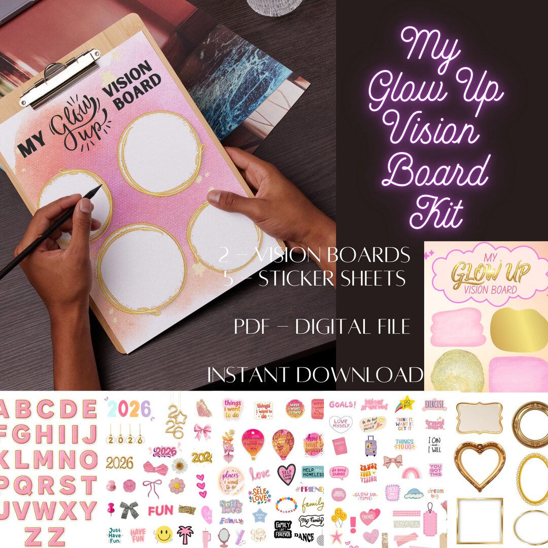 Glow up Vision Board Printable Bundle | Digital Vision Board Kit PDF ...