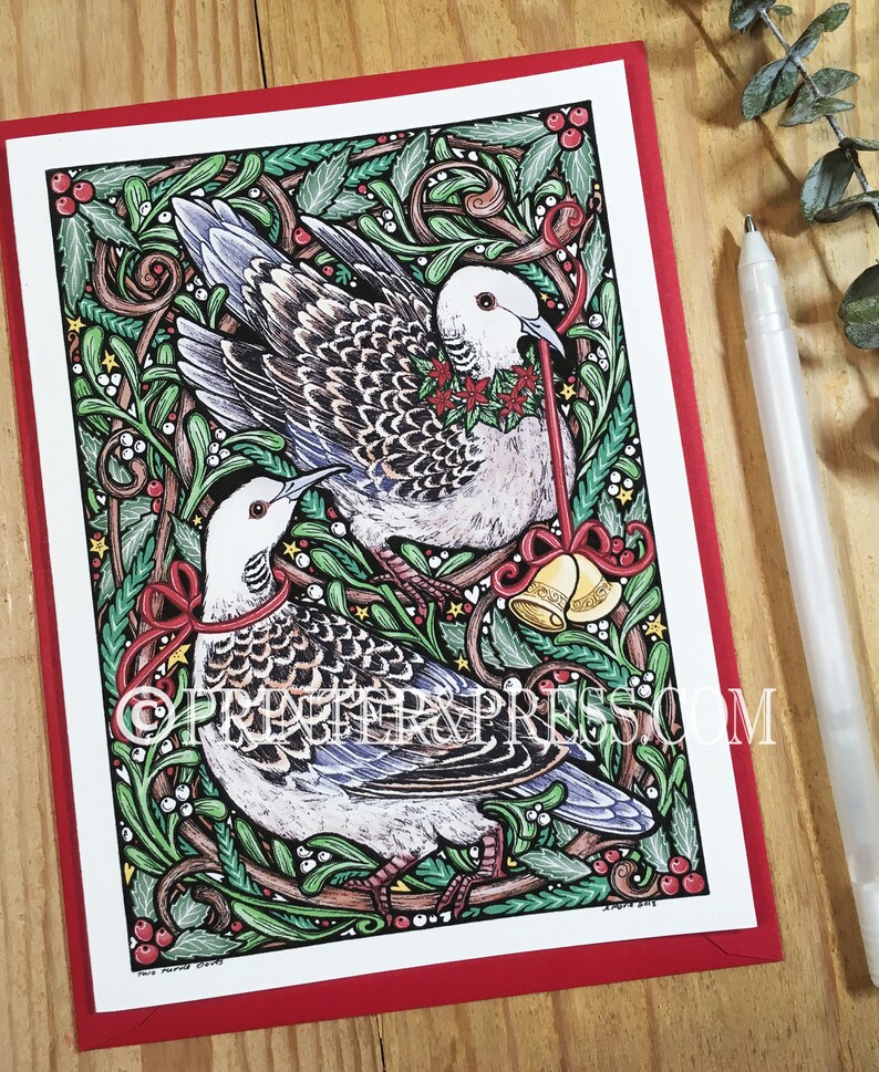 Two Turtle Doves Christmas Card With a Red Envelope - Digitally Colored ...