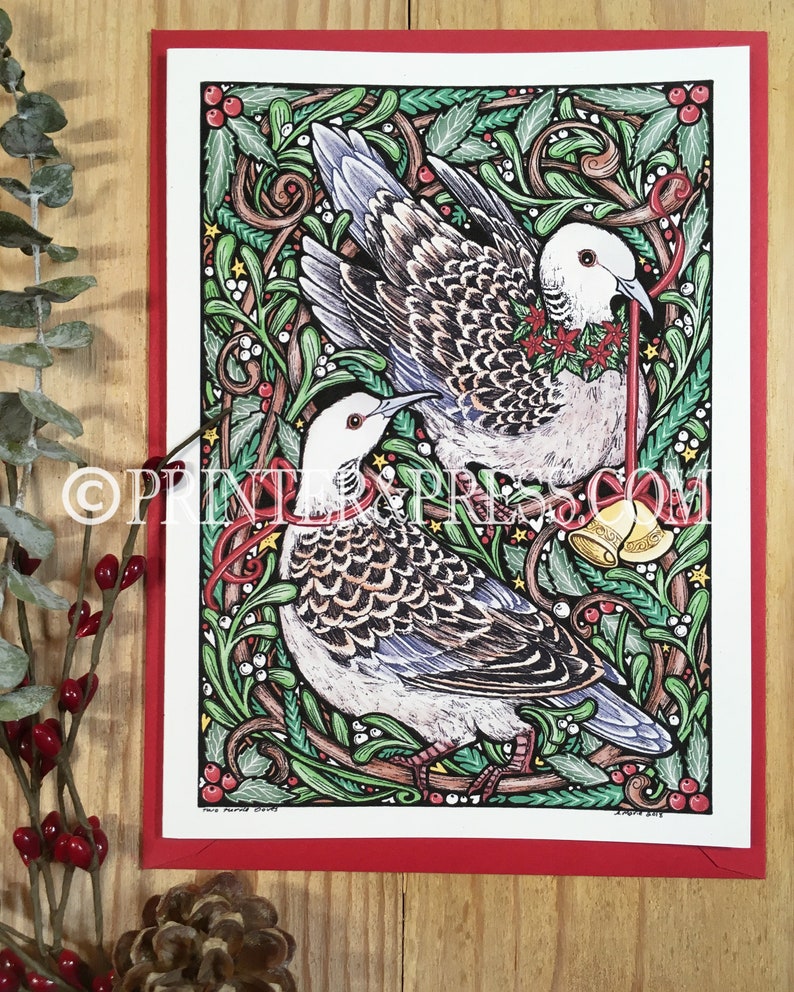 Two Turtle Doves Christmas Card With a Red Envelope - Digitally Colored ...