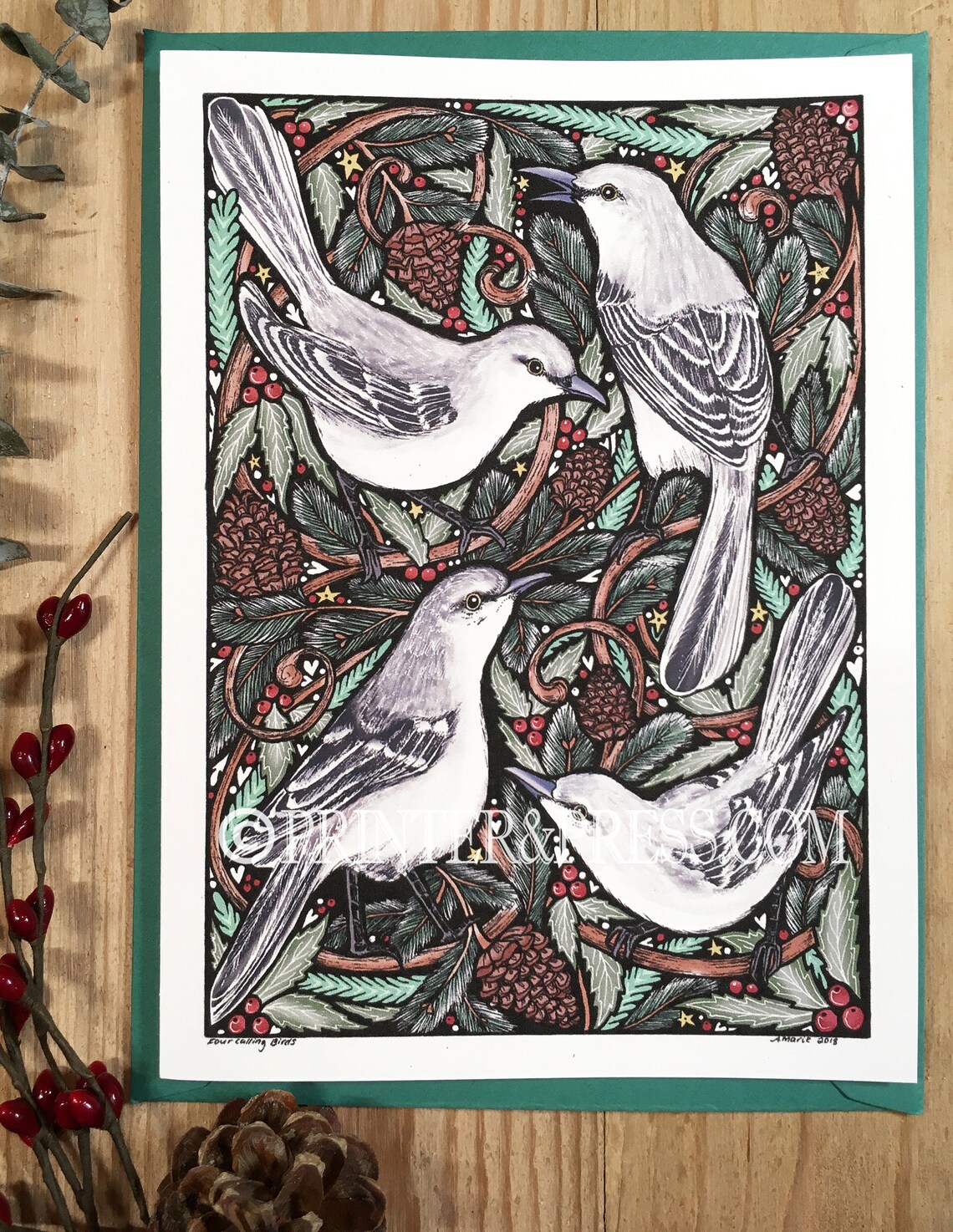Four Calling Birds (mockingbirds) Christmas Card - Digitally Colored ...