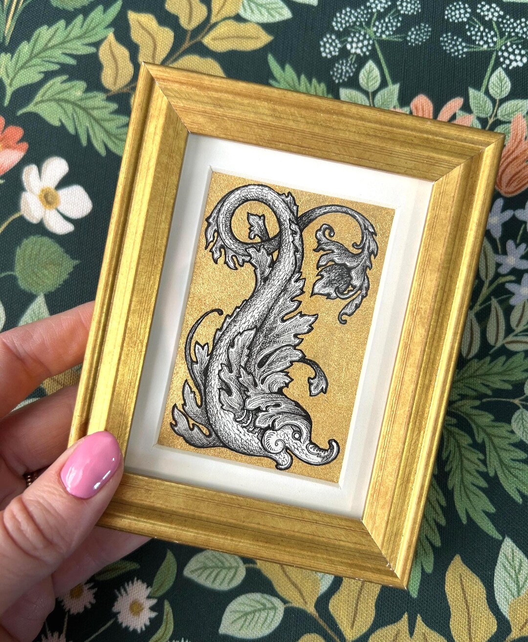 Original Medieval Dolphin Ink Drawing With 24k Gold Leaf in 4"x 5" Gold ...