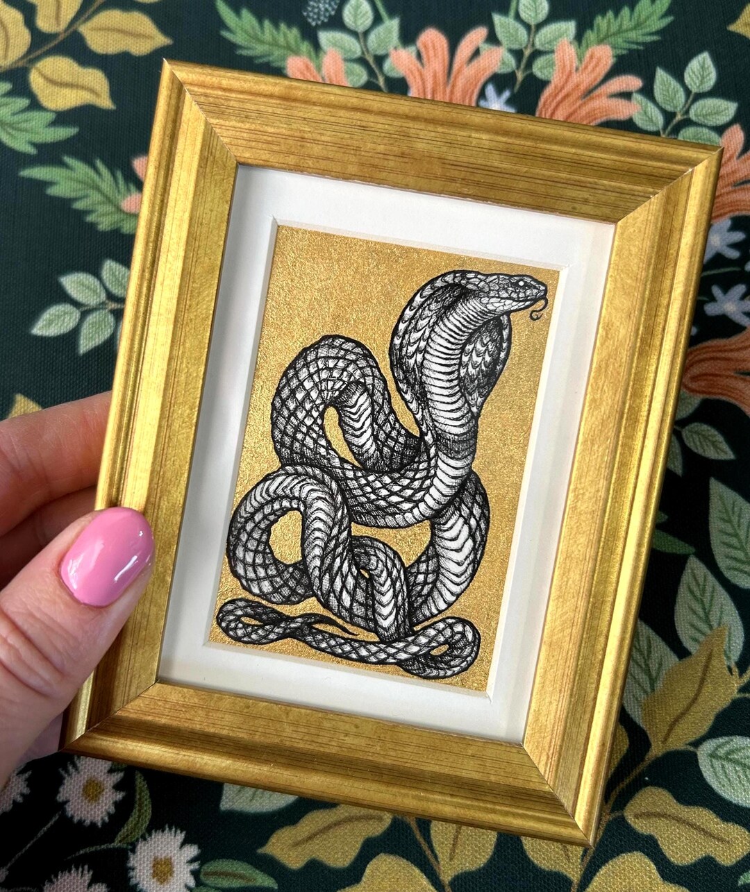 Original Cobra Snake Ink Drawing With 24k Gold Leaf in 4"x 5" Gold ...