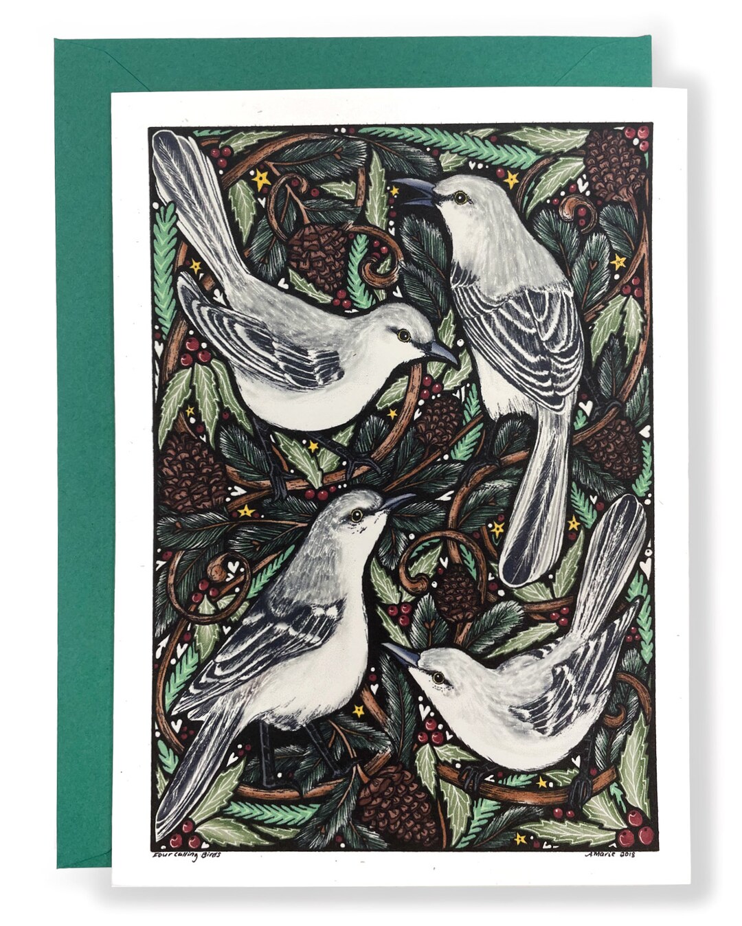 Four Calling Birds (mockingbirds) Christmas Card - Digitally Colored ...