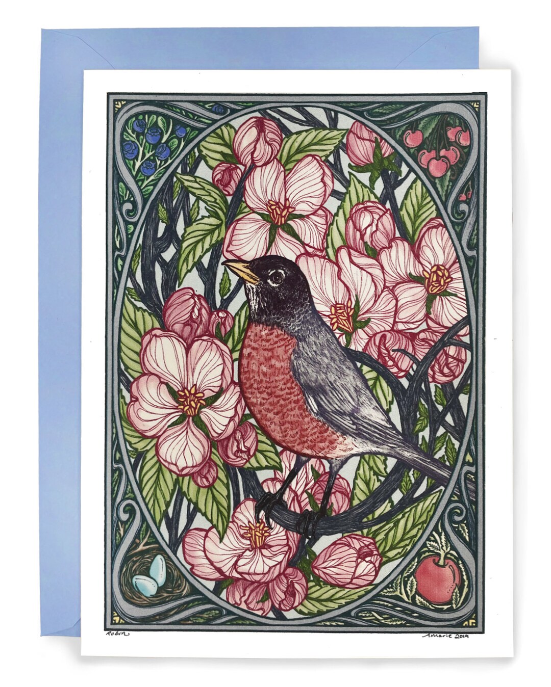 Robin Card With Light Blue Envelope - Digitally Colored and Printed ...