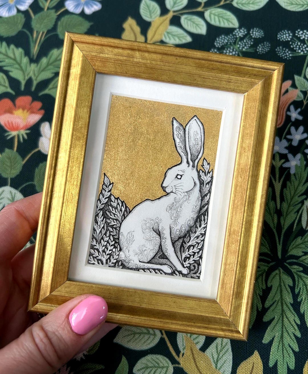 Original Magic White Rabbit Ink Drawing With 24k Gold Leaf in 4"x 5 ...