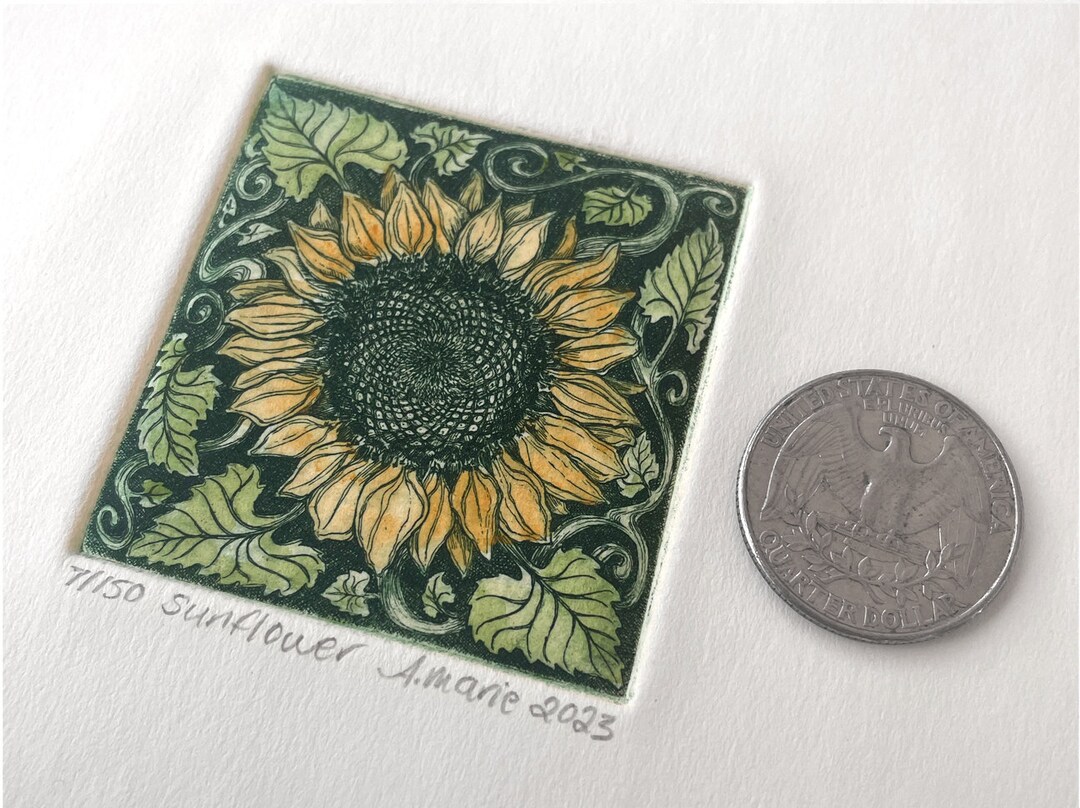 Sunflower Etching Print With Watercolor - Tiny Hand-pulled Intaglio ...
