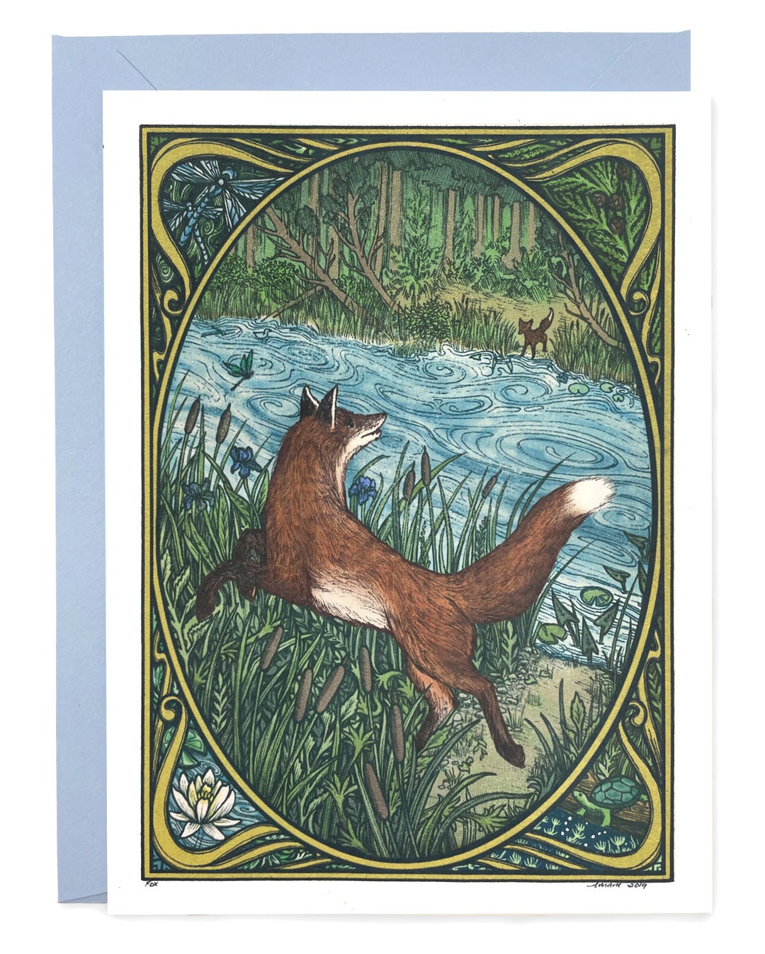 Fox Card With Blue Envelope - Digitally Colored and Printed - Original ...