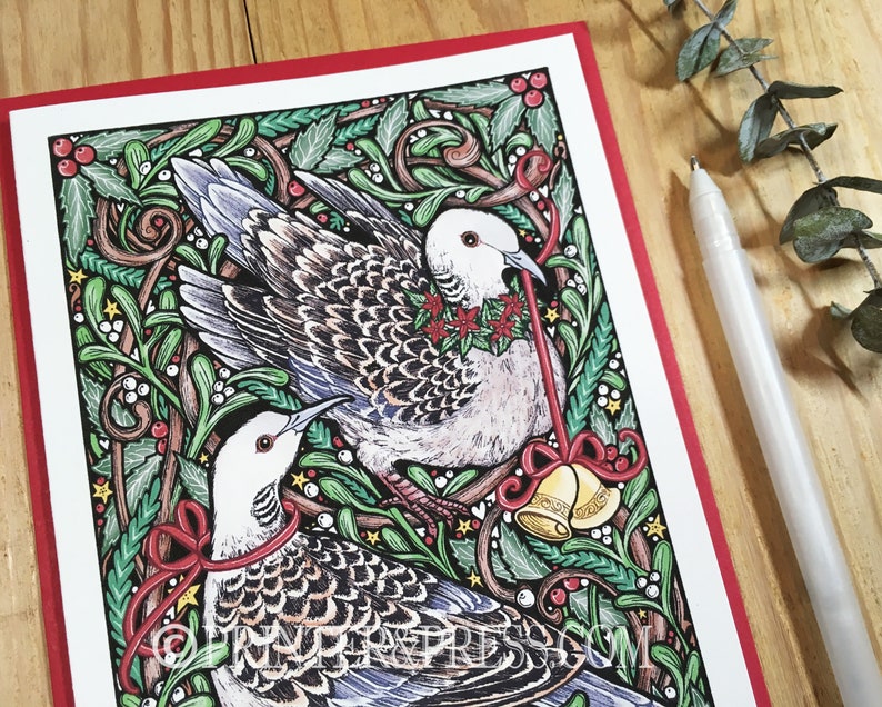 Two Turtle Doves Christmas Card With a Red Envelope - Digitally Colored ...