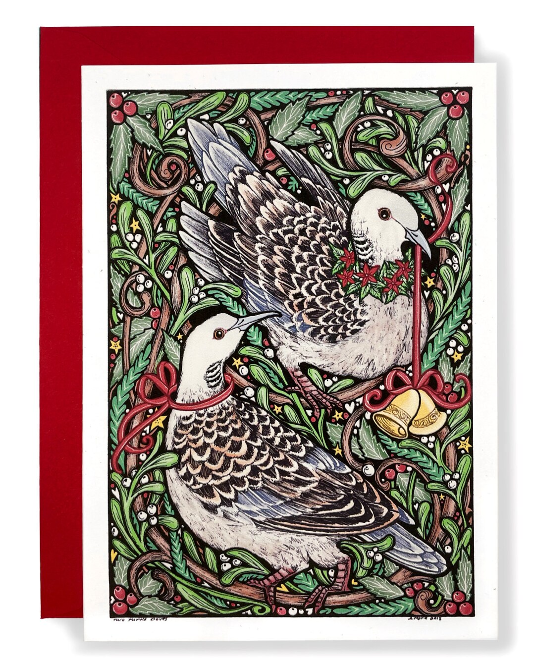 Two Turtle Doves Christmas Card With a Red Envelope - Digitally Colored ...
