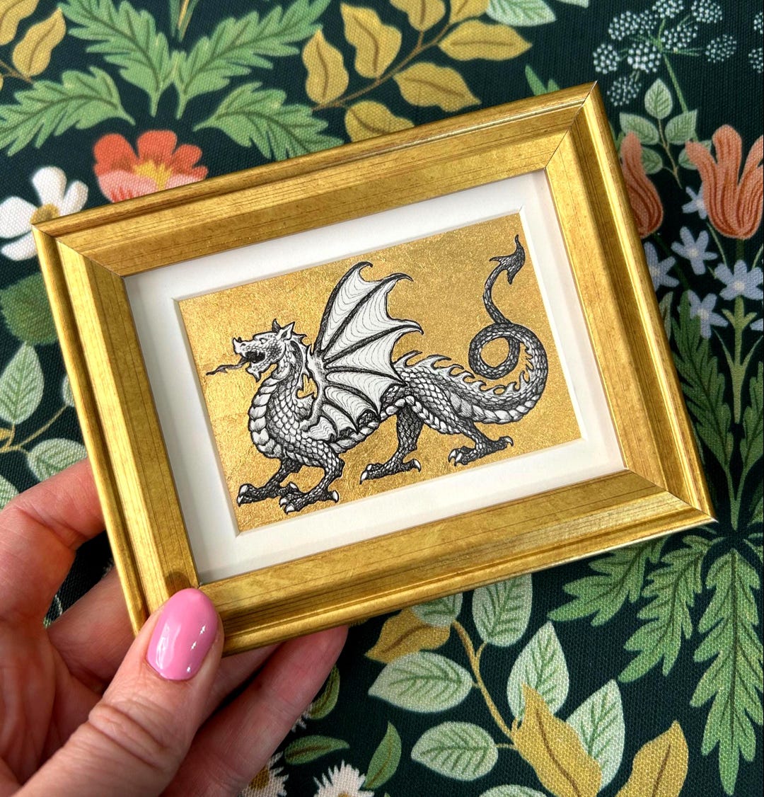 Original Light Dragon - Ink Drawing With 24k Gold Leaf in 4"x 5" Gold ...