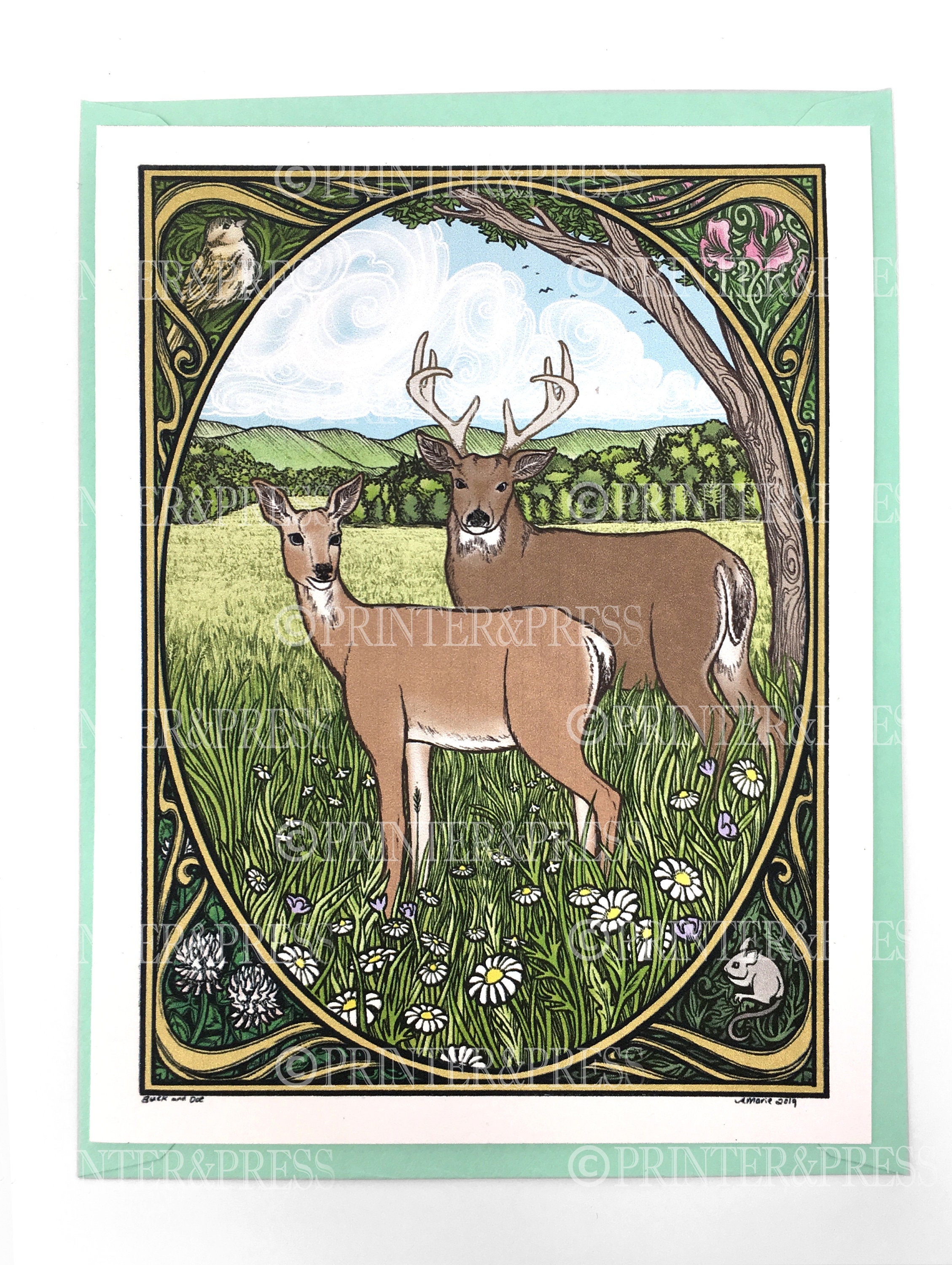 Deer Meadow Card With Green Envelope - Digitally Colored and Printed ...