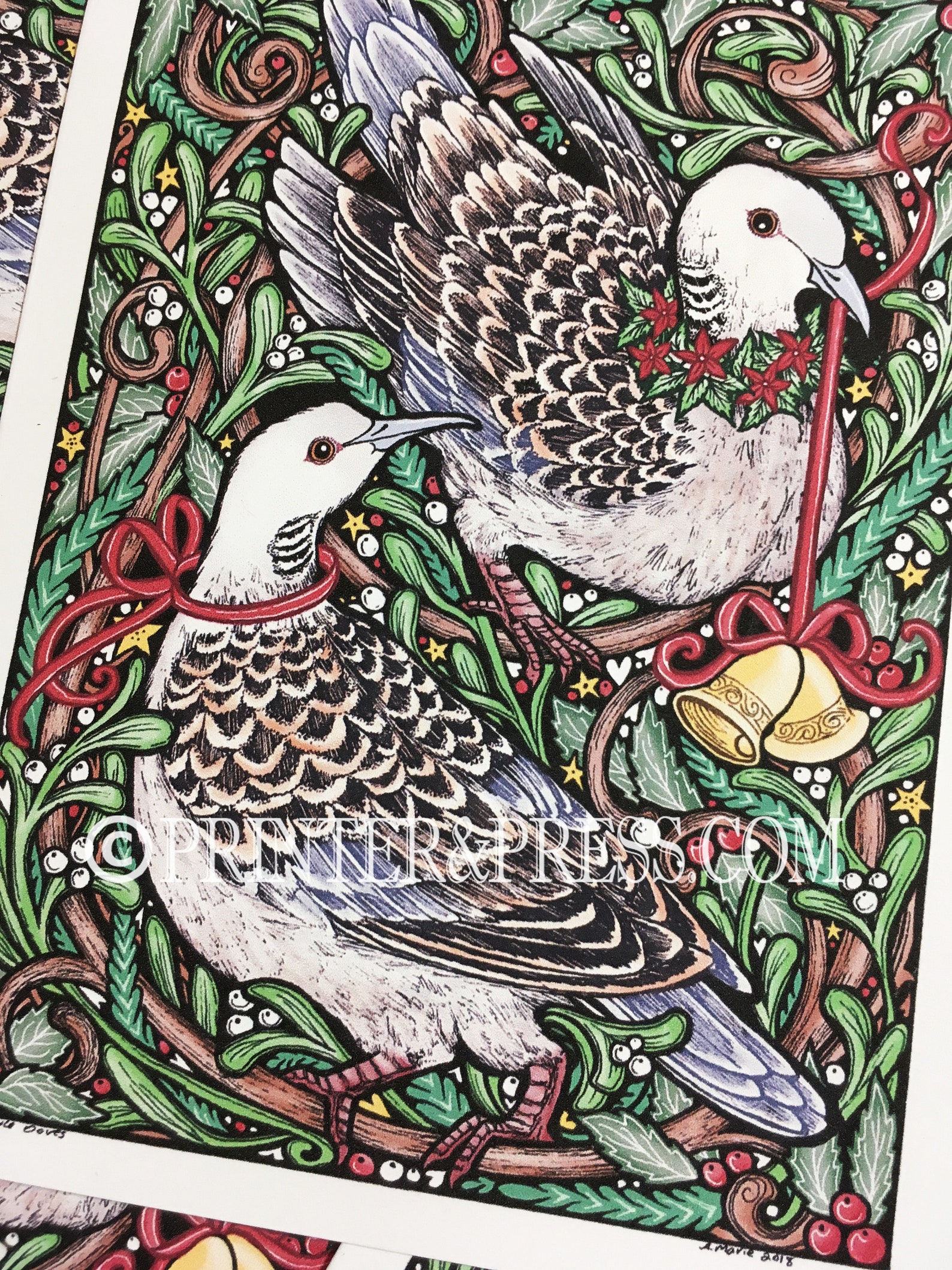 Two Turtle Doves Christmas Card With a Red Envelope - Digitally Colored ...
