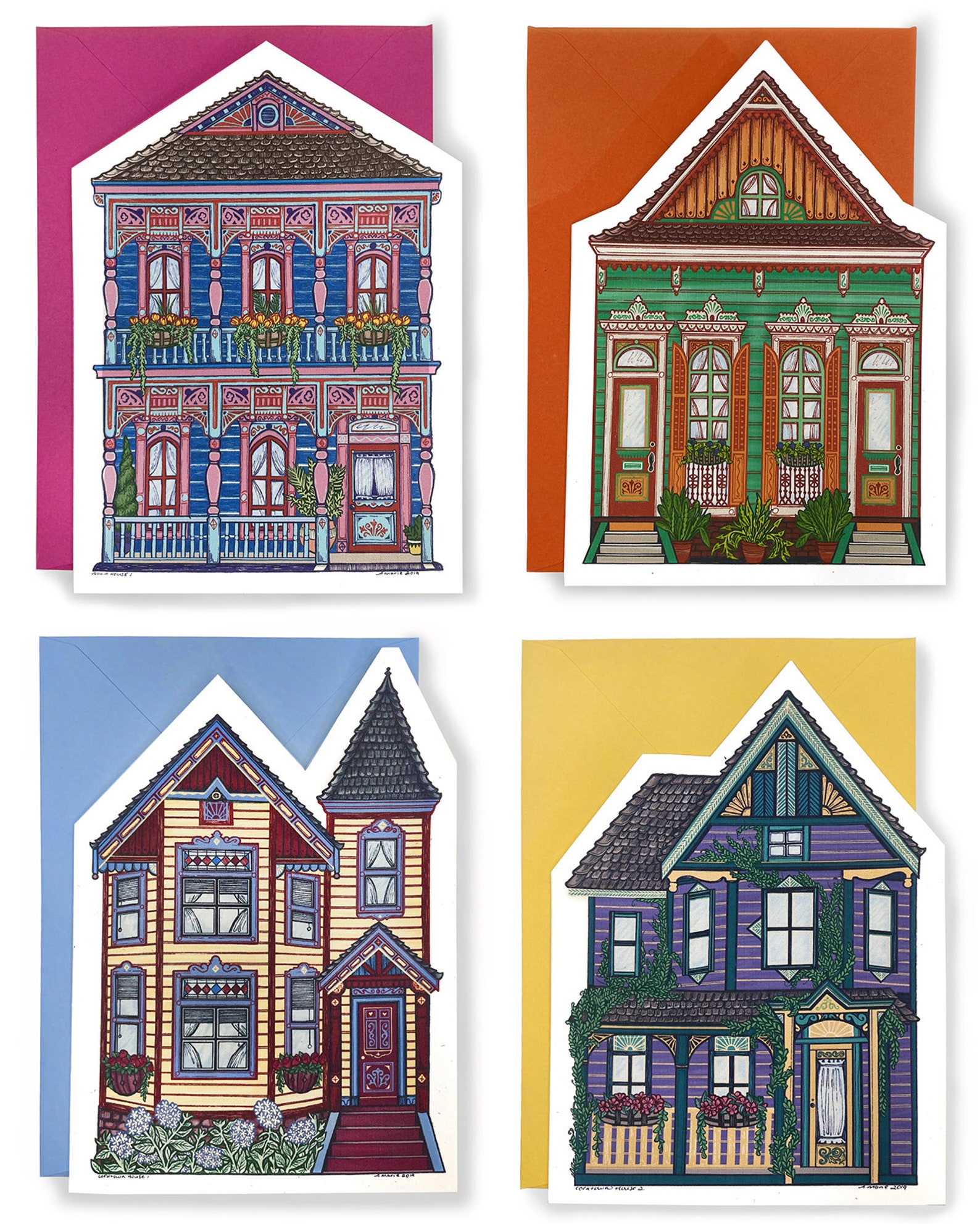 Colorful House Card Variety Pack 4 Digitally Printed Cards | Etsy