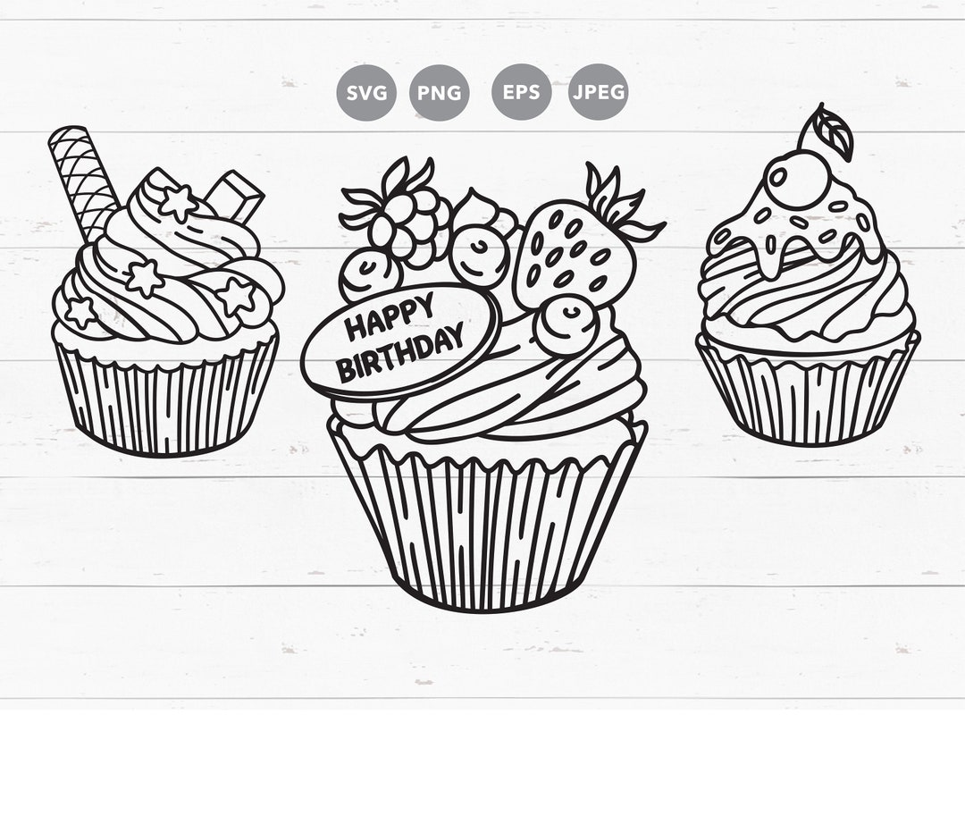 Birthday Cupcake Clipart SVG. SVG Cupcakes. Vector Line Illustration ...