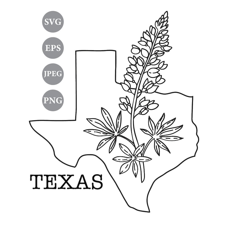 SVG Texas Map With Bluebonnet Flower Vector Line Clipart Lupine Vector ...