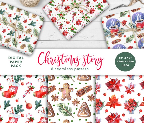 Set of 6 Christmas Hand Drawn Watercolor Digital Paper JPEG | Etsy