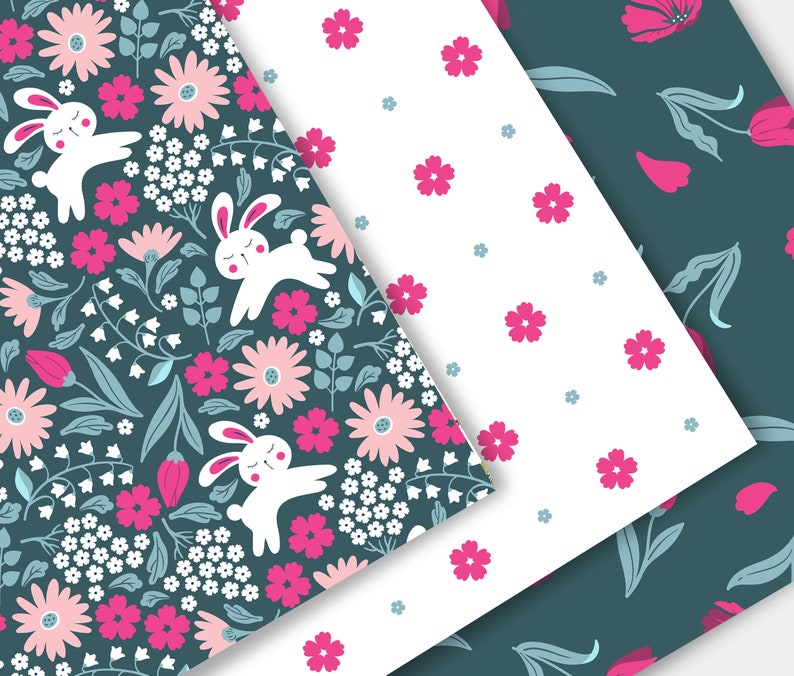 Bunny and Pink Flowers Digital Paper Set. Spring Floral Seamless ...