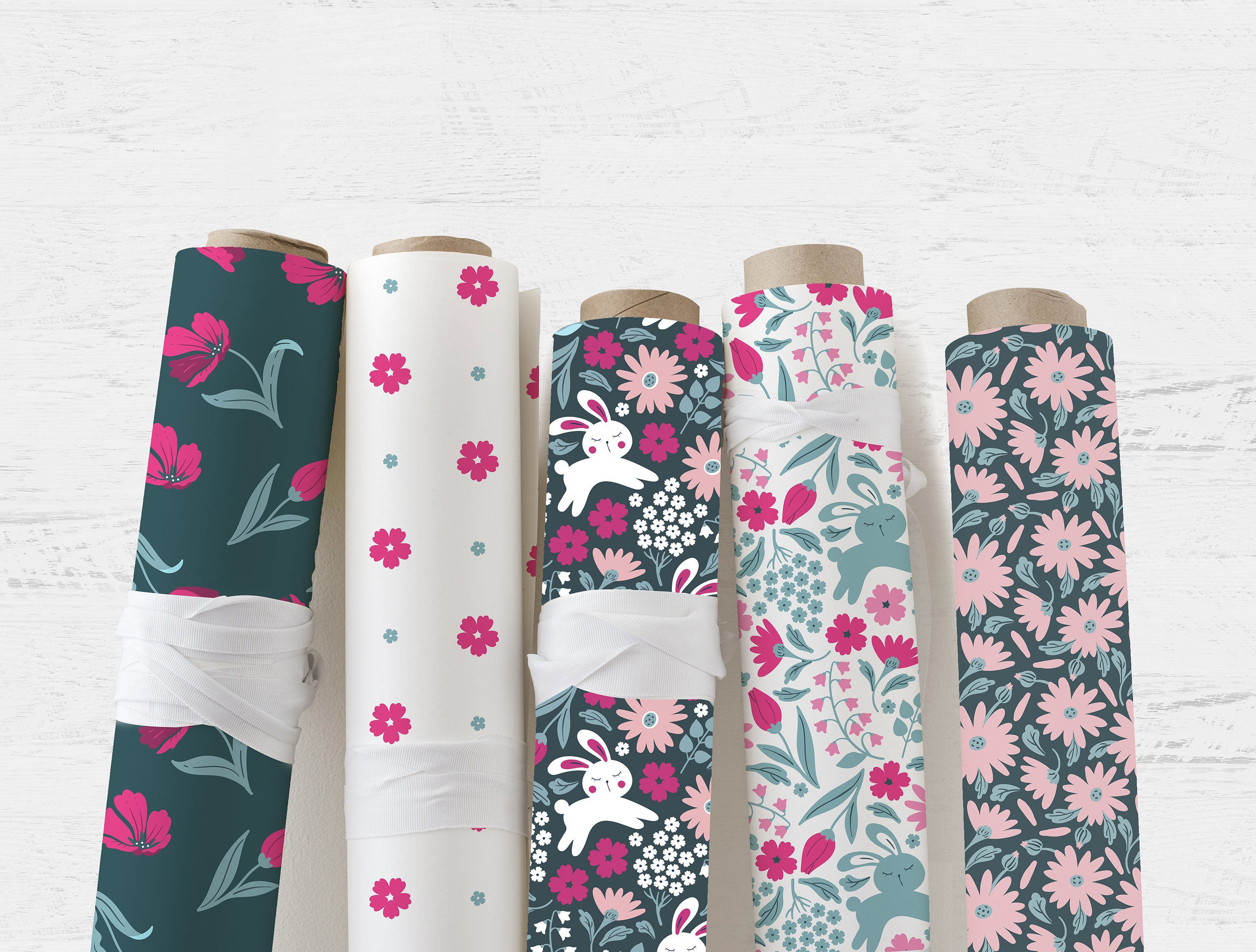 Bunny and Pink Flowers Digital Paper Set. Spring Floral Seamless ...