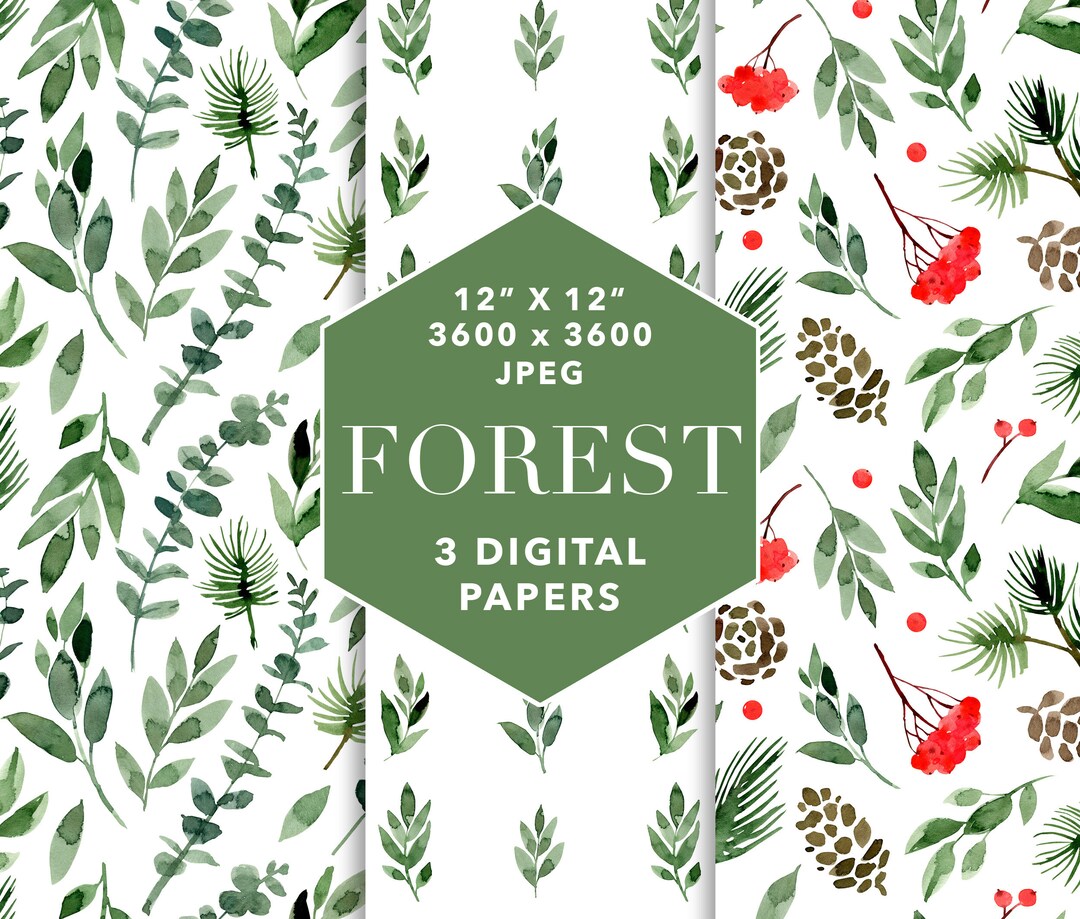 Forest Watercolor Digital Paper Seamless Patterns Set Leaf Leaves ...