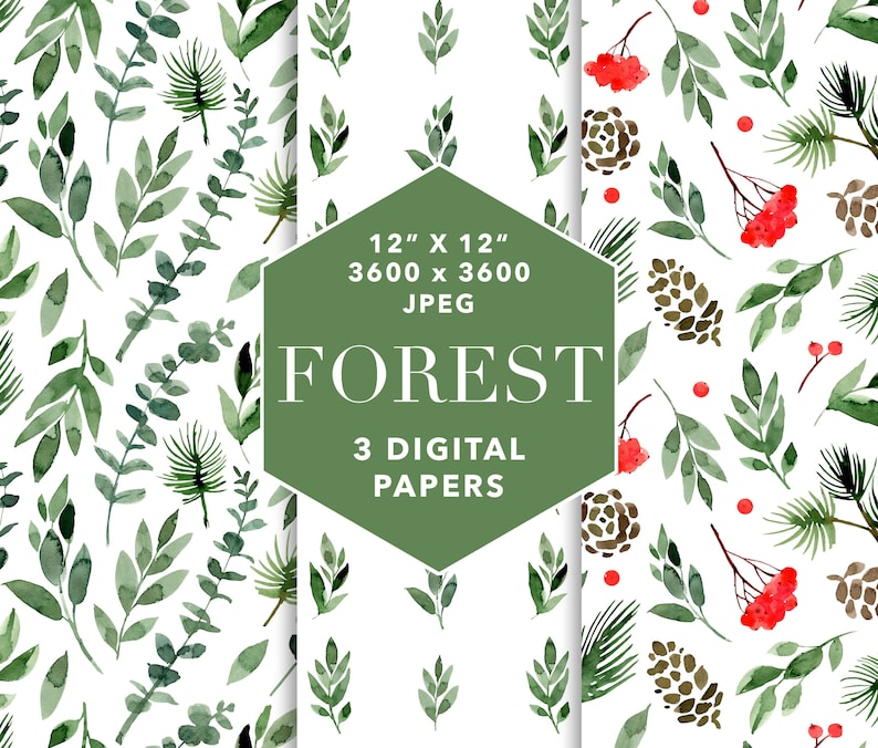 Forest Watercolor Digital Paper Seamless Patterns Set Leaf Leaves ...