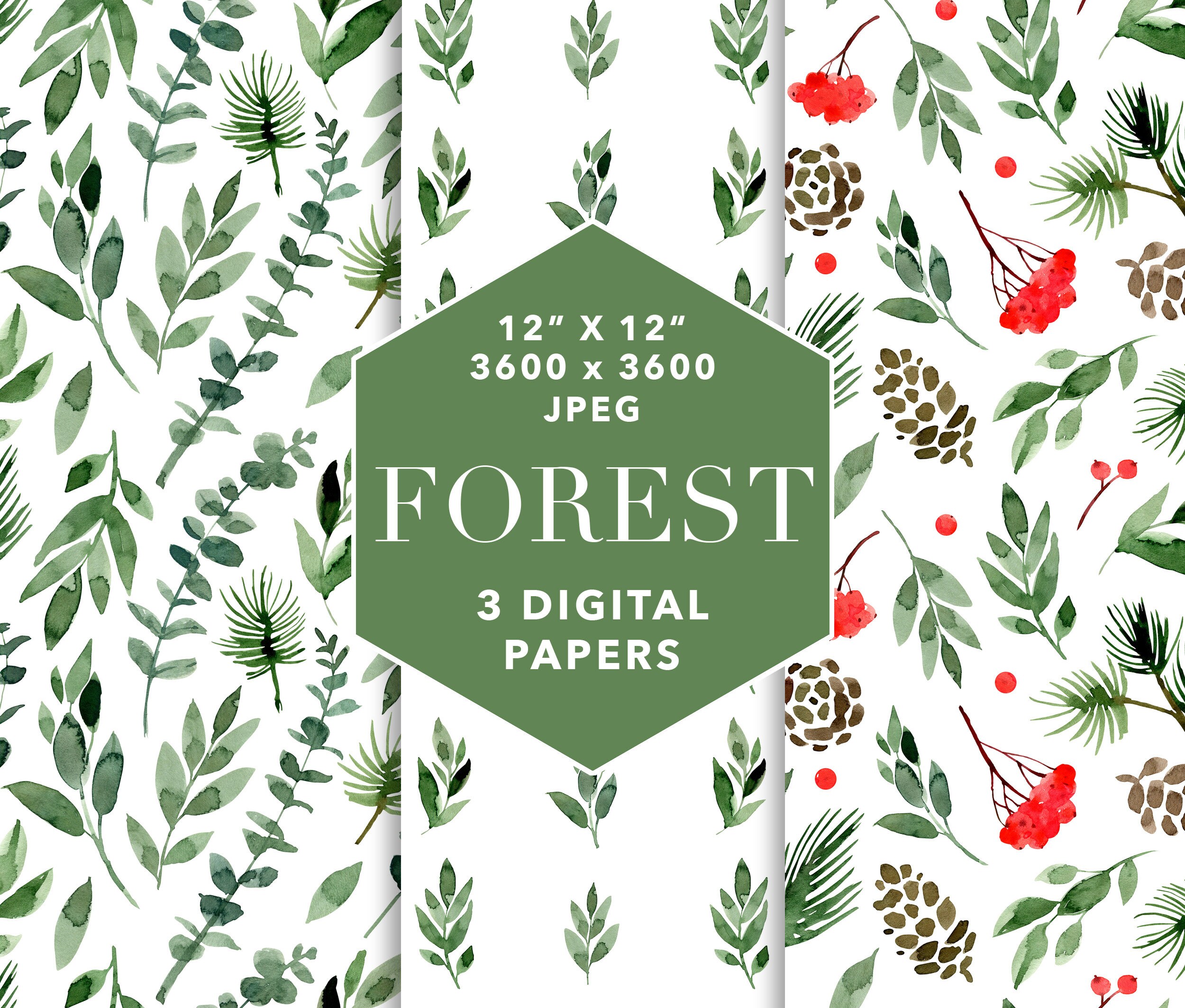 Forest Watercolor Digital Paper Seamless Patterns Set Leaf Leaves ...