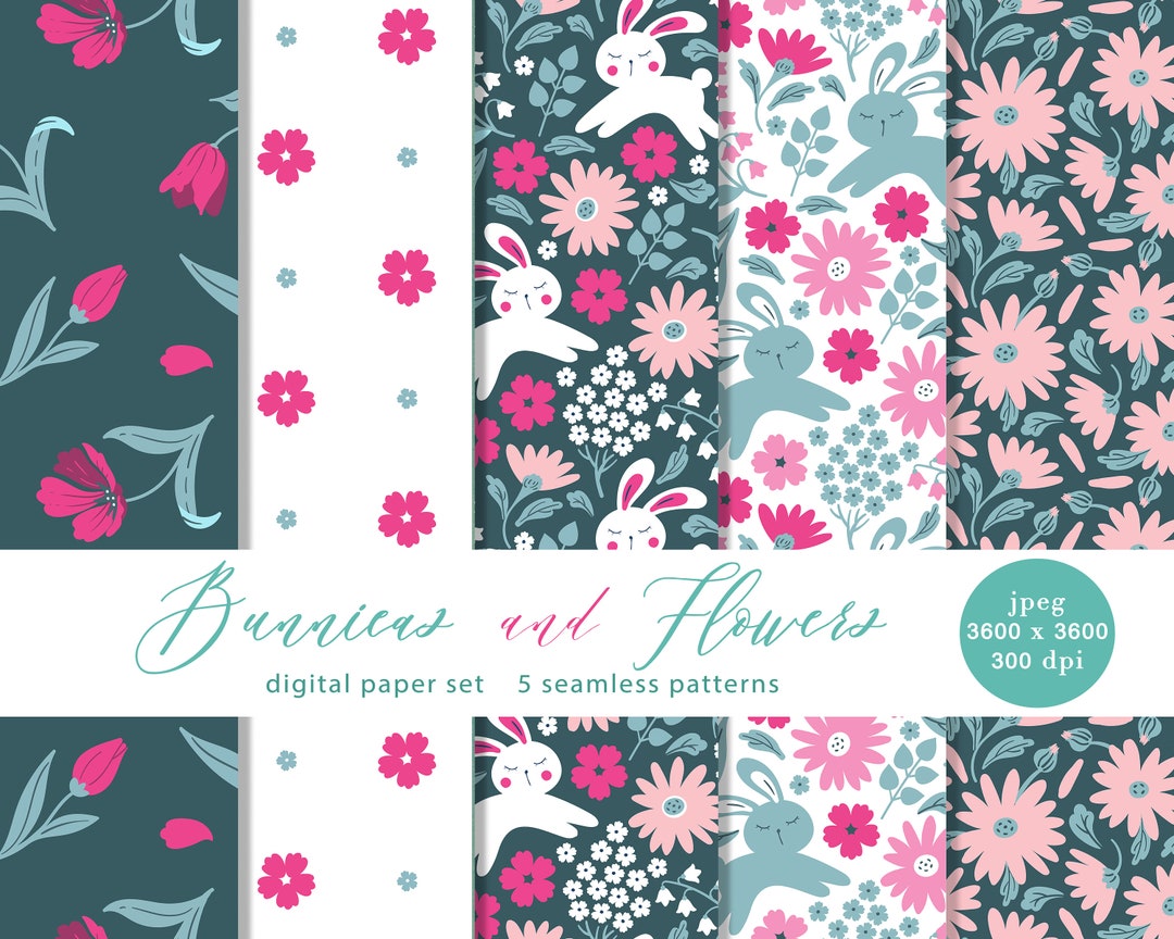 Bunny and Pink Flowers Digital Paper Set. Spring Floral Seamless ...