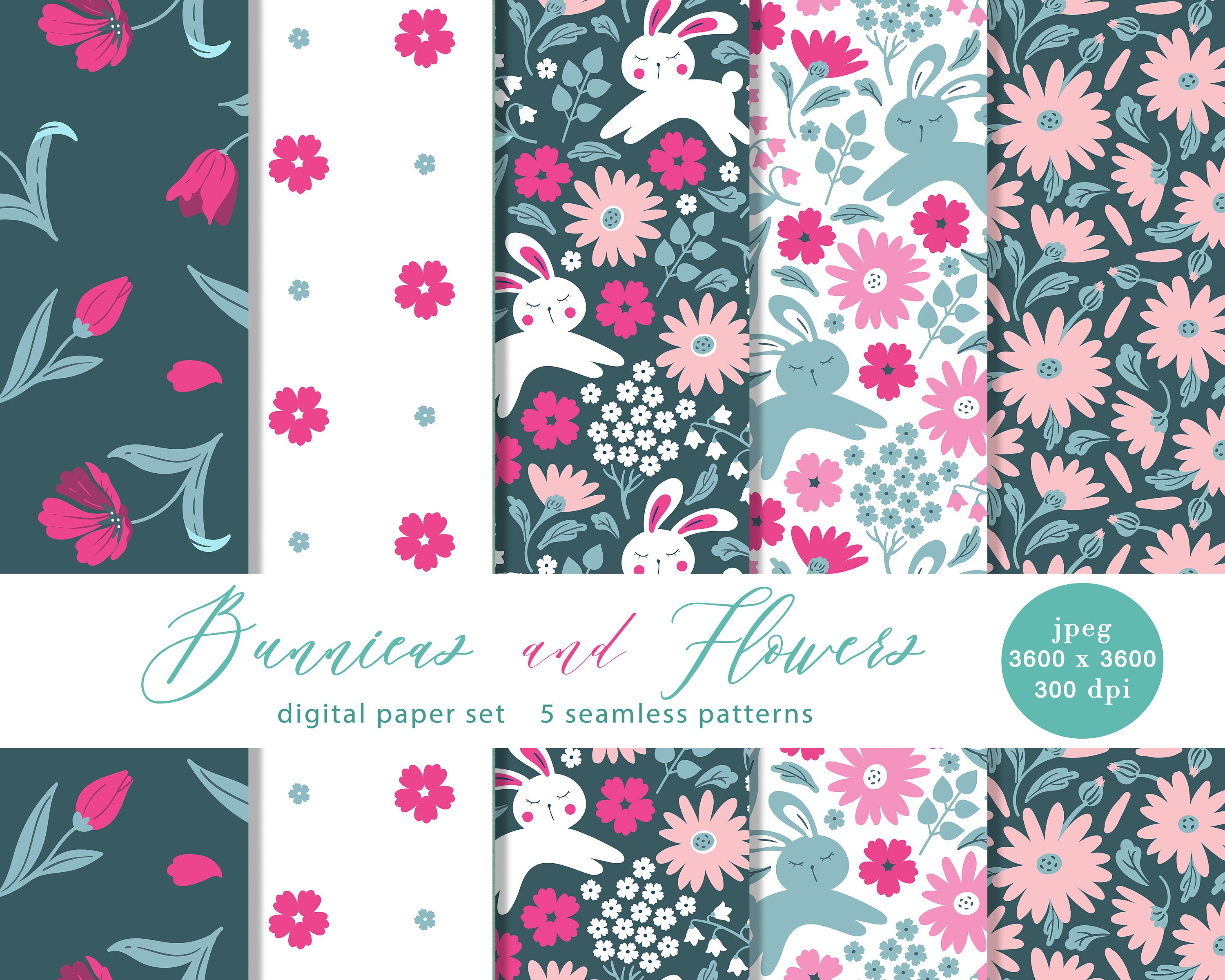 Bunny and Pink Flowers Digital Paper Set. Spring Floral Seamless ...