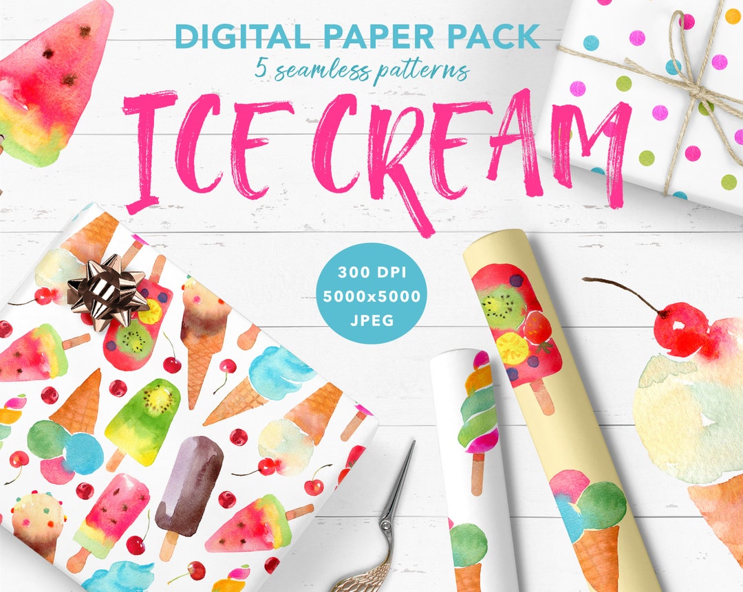 Summer Watercolor Ice Cream Digital Paper Seamless Patterns Set ...