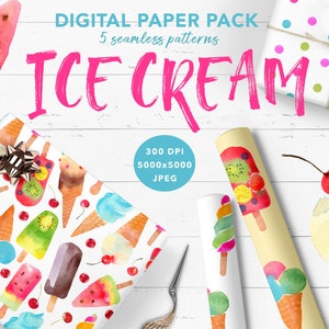 Summer Watercolor Ice Cream Digital Paper Seamless Patterns Set ...