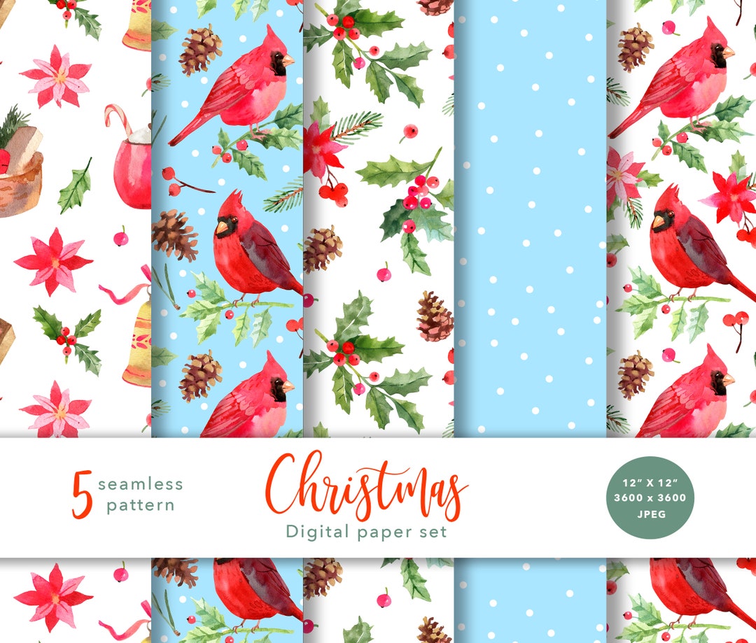 Red Cardinals and Holly Digital Paper Pack Christmas Floral Seamless ...