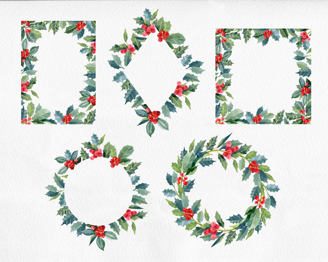 Set of Watercolor Christmas Holly Frames. Christmas Clipart. - Etsy UK