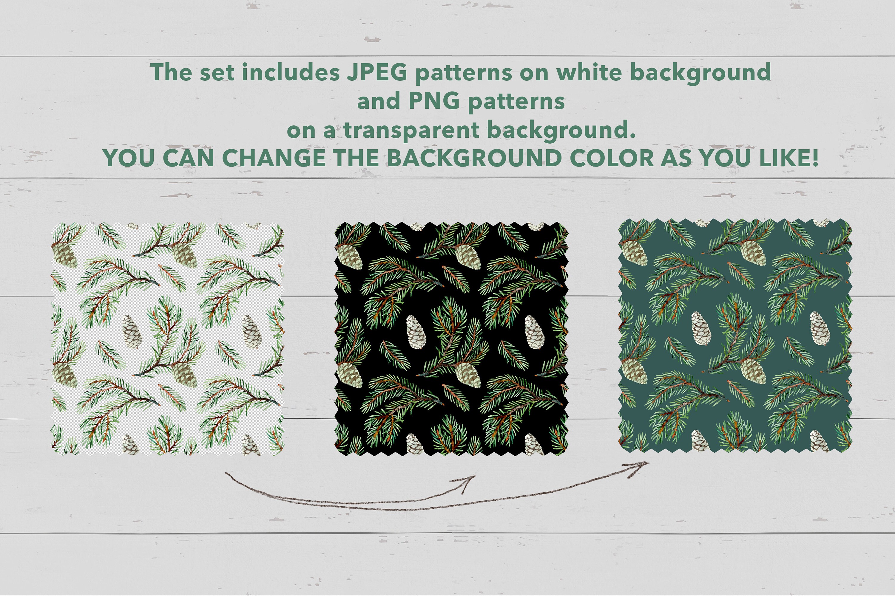 Digital Background Set, Watercolor Green Pine, Conifer Digital Paper ...